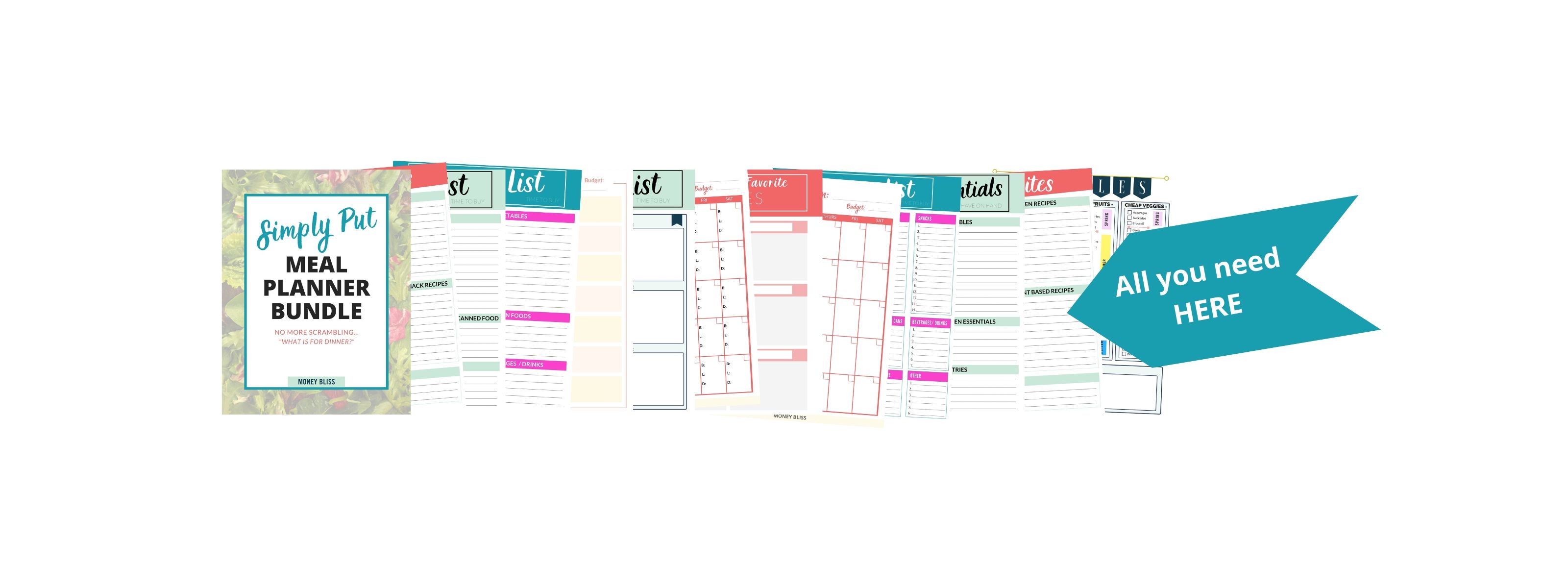Meal Planner Printables and Editable Spreadsheets Bundle - Money Bliss